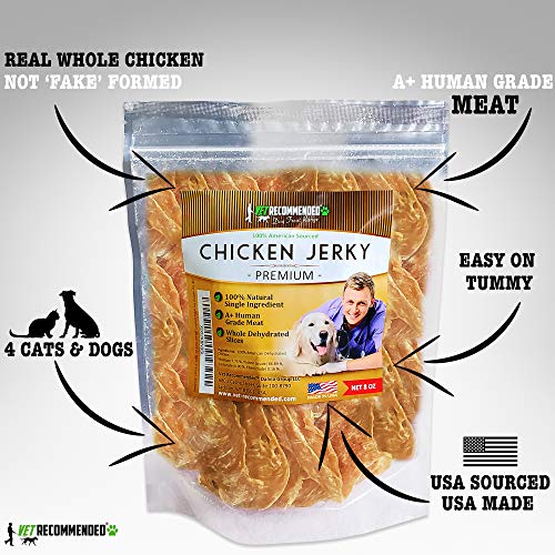 Vet Recommended Premium Chicken Jerky for Dogs - Giant 8oz Bag | All Natural Dog Treats - Single Ingredient - No Fillers or Preservatives - Whole Dehydrated Chicken; Not Formed - Made in USA