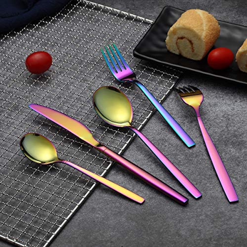 HOMQUEN Silverware Set 40 Pieces, Stainless Steel Colorful Flatware Set, Titanium Plating Rainbow Cutlery Set, Rainbow Utensil Sets Service Set for 8 (Shiny Rainbow)