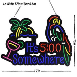 It's 5:00 Some Where & Parrot LED Neon Sign Art Wall Lights for Beer Bar Club Bedroom Windows Glass Hotel Pub Cafe Wedding Birthday Party Gifts