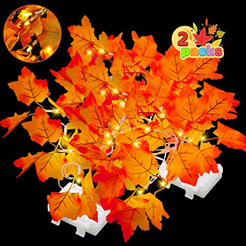 Joiedomi 2 Pack 14.7FT Thanksgiving Lights Fall Maple Leaves String Lights with 20 LED Warm White Lights for Autumn Garland, HomeThanksgiving Indoor Outdoor Decor