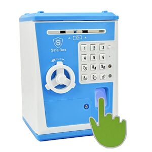 lyght mini atm savings bank for real money, voice piggy banks, fingerprint password, kids safe coin money box, blue