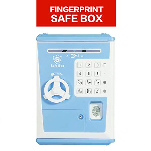 Lyght Mini ATM Savings Bank for Real Money, Voice Piggy Banks, Fingerprint Password, Kids Safe Coin Money Box, Blue