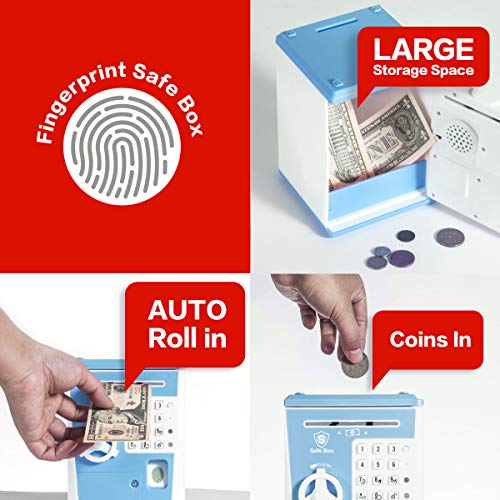 Lyght Mini ATM Savings Bank for Real Money, Voice Piggy Banks, Fingerprint Password, Kids Safe Coin Money Box, Blue