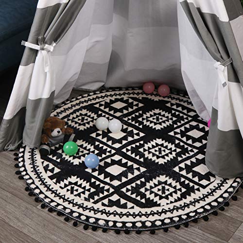 HAOCOO Round Area Rugs with Pom Pom Ball Fringe Boho Geometric Throw Rugs Non-Slip Soft Velvet Black and Beige Floor Carpet for Bedroom Living Room Nursery Decor(4ft)