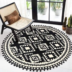 haocoo round area rugs with pom pom ball fringe boho geometric throw rugs non-slip soft velvet black and beige floor carpet for bedroom living room nursery decor(4ft)