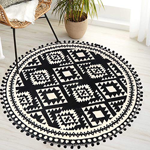 HAOCOO Round Area Rugs with Pom Pom Ball Fringe Boho Geometric Throw Rugs Non-Slip Soft Velvet Black and Beige Floor Carpet for Bedroom Living Room Nursery Decor(4ft)