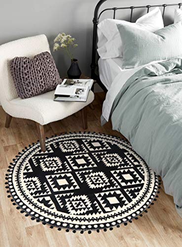 HAOCOO Round Area Rugs with Pom Pom Ball Fringe Boho Geometric Throw Rugs Non-Slip Soft Velvet Black and Beige Floor Carpet for Bedroom Living Room Nursery Decor(4ft)