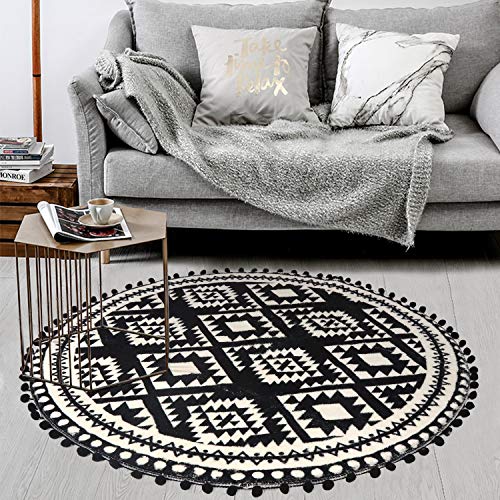 HAOCOO Round Area Rugs with Pom Pom Ball Fringe Boho Geometric Throw Rugs Non-Slip Soft Velvet Black and Beige Floor Carpet for Bedroom Living Room Nursery Decor(4ft)