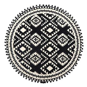 HAOCOO Round Area Rugs with Pom Pom Ball Fringe Boho Geometric Throw Rugs Non-Slip Soft Velvet Black and Beige Floor Carpet for Bedroom Living Room Nursery Decor(4ft)