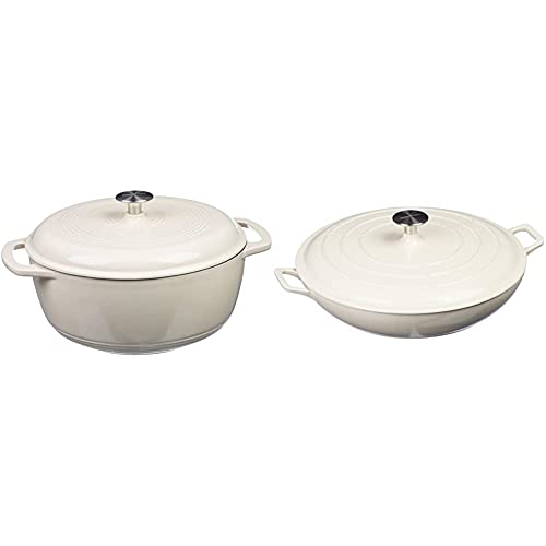 Amazon Basics Enameled Cast Iron Covered Dutch Oven, 6-Quart, White & Enameled Cast Iron Covered Casserole Skillet, 3.3-Quart, White