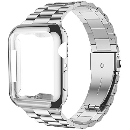 iiteeology Compatible with Apple Watch Band 44mm SE/Series 6 5 4, Upgraded Stainless Steel Link Replacement Band with iWatch Screen Protector Case Silver/Silver