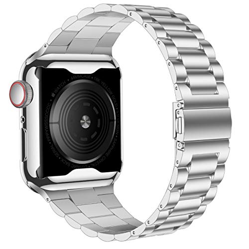 iiteeology Compatible with Apple Watch Band 44mm SE/Series 6 5 4, Upgraded Stainless Steel Link Replacement Band with iWatch Screen Protector Case Silver/Silver