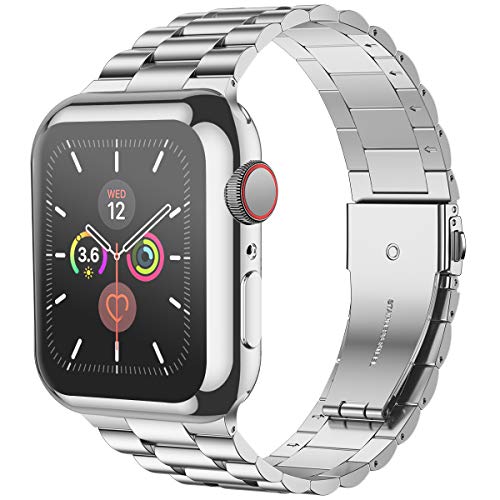 iiteeology Compatible with Apple Watch Band 44mm SE/Series 6 5 4, Upgraded Stainless Steel Link Replacement Band with iWatch Screen Protector Case Silver/Silver