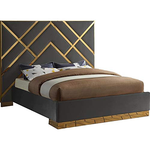 Meridian Furniture VectorGrey-K Vector Collection Modern | Contemporary Velvet Upholstered Bed, Custom Gold Metal Base and Polished Gold Metal Design, 97.5" W x 85.5" D x 68" H, Grey, King