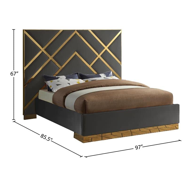 Meridian Furniture VectorGrey-K Vector Collection Modern | Contemporary Velvet Upholstered Bed, Custom Gold Metal Base and Polished Gold Metal Design, 97.5" W x 85.5" D x 68" H, Grey, King