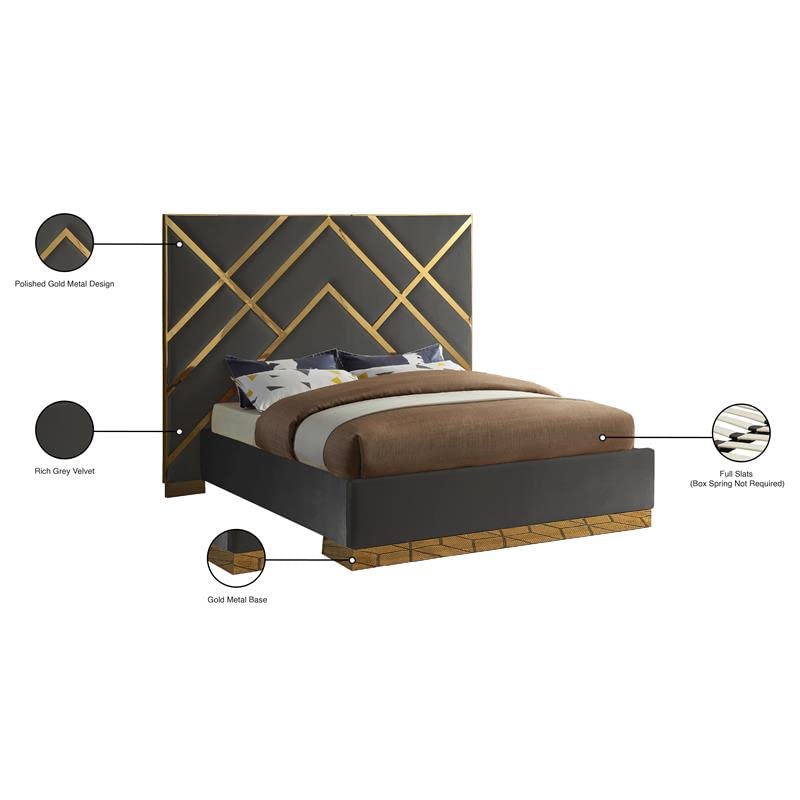 Meridian Furniture VectorGrey-K Vector Collection Modern | Contemporary Velvet Upholstered Bed, Custom Gold Metal Base and Polished Gold Metal Design, 97.5" W x 85.5" D x 68" H, Grey, King