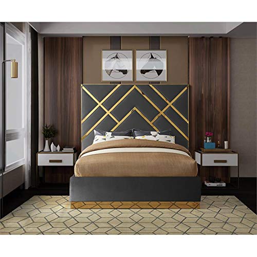 Meridian Furniture VectorGrey-K Vector Collection Modern | Contemporary Velvet Upholstered Bed, Custom Gold Metal Base and Polished Gold Metal Design, 97.5" W x 85.5" D x 68" H, Grey, King