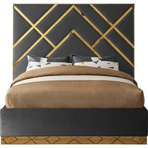 Meridian Furniture VectorGrey-K Vector Collection Modern | Contemporary Velvet Upholstered Bed, Custom Gold Metal Base and Polished Gold Metal Design, 97.5" W x 85.5" D x 68" H, Grey, King