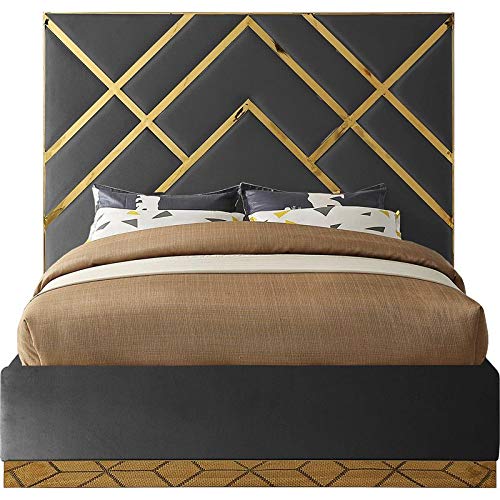 Meridian Furniture VectorGrey-K Vector Collection Modern | Contemporary Velvet Upholstered Bed, Custom Gold Metal Base and Polished Gold Metal Design, 97.5" W x 85.5" D x 68" H, Grey, King