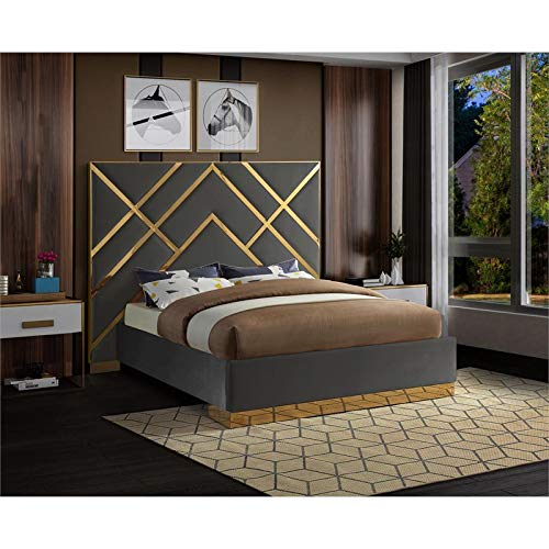 Meridian Furniture VectorGrey-K Vector Collection Modern | Contemporary Velvet Upholstered Bed, Custom Gold Metal Base and Polished Gold Metal Design, 97.5" W x 85.5" D x 68" H, Grey, King