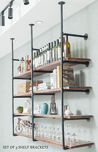 BIXIRAO Industrial Wall Mounted Iron Floating Pipe Shelves/Shelving/Racks/Storage/Bookcases/Brackets, DIY Open Bookshelves/Shelving for Kitchen/Office, Retro Black (5-Tier Shelf Brackets-B)