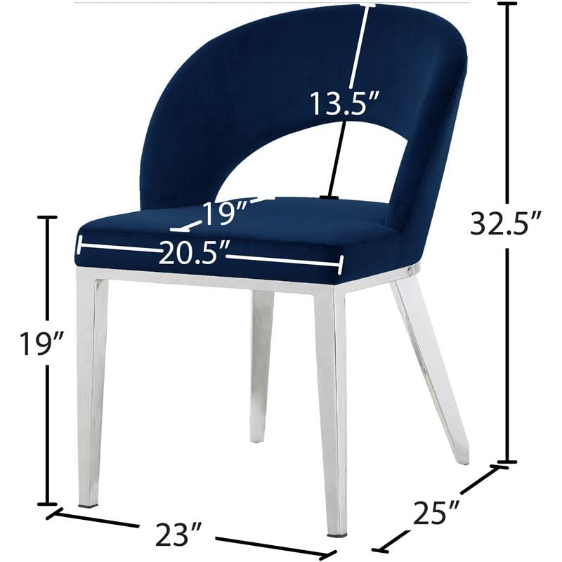 Meridian Furniture Roberto Collection Modern | Contemporary Velvet Upholstered Dining Chair with Sturdy Iron Legs, 23" W x 25" D x 32.5" H, Navy