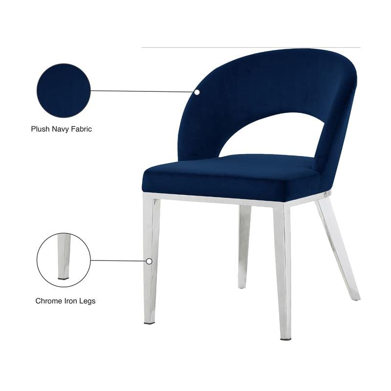 Meridian Furniture Roberto Collection Modern | Contemporary Velvet Upholstered Dining Chair with Sturdy Iron Legs, 23" W x 25" D x 32.5" H, Navy