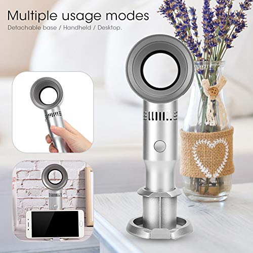 Bladeless Mini Handheld Fan,Portable USB Rechargeable Fan, 2 in 1 Function Detachable Mobile Phone Stand,Use Time 10 Hours,for Home Outdoor Office Bedroom(sliver)