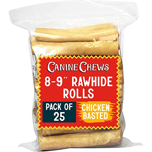 Canine Chews 8-9" Chicken Basted Rawhide Retriever Rolls - Pack of 25 Chicken-Flavored Long-Lasting Dog Rawhide Chews - Protein-Dense Jumbo Rawhide Bones For Large Dogs - Treats for Aggressive Chewers