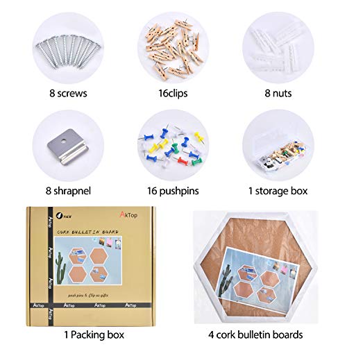 AkTop Cork Bulletin Board Hexagon 4 Pack, Small Framed Corkboard Tiles for Wall, Thick Decorative Display Boards for Home Office Decor, School Message Board with 16 Push Pin Wood Clips, White