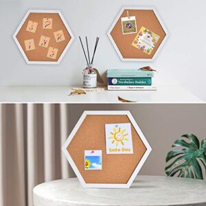 AkTop Cork Bulletin Board Hexagon 4 Pack, Small Framed Corkboard Tiles for Wall, Thick Decorative Display Boards for Home Office Decor, School Message Board with 16 Push Pin Wood Clips, White