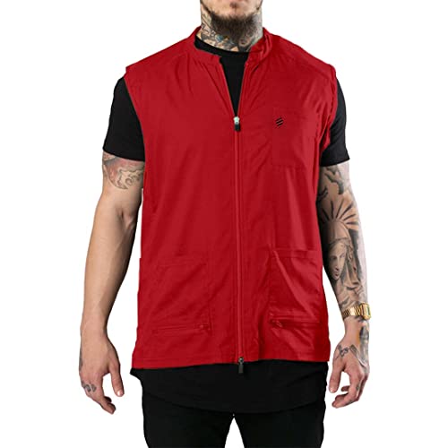 Barber Strong The Barber Vest, Men's Red, Hair Repellent, Ultra Lightweight and Breathable Mesh Side Panels, Sleeveless, Features 3 Pockets and 2-Way Zipper Closure - Size 2XL, Great for Pet Grooming