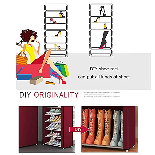 samanoya 10 Tiers Shoe Rack,Large Shoe Storage Organizer Cabinet Tower with Dustproof Cover,Space Saving Non-woven Fabric Stackable Storage Shelf Shoe Rack (Red)