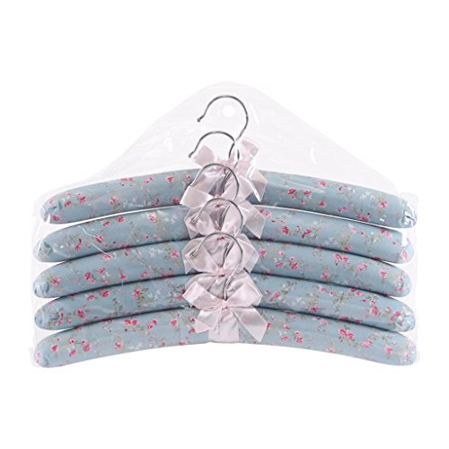 Peyviva Cotton Padded Hangers for Women Clothes,Floral Sweater Hangers with No Bump, Padded Coat Hangers for Wedding,Thick Foam Silk Clothes Hangers for Adult (Pack of 5) (Blue Flower)