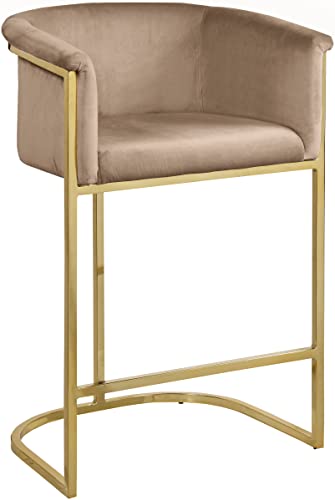 Meridian Furniture Donatella Collection Modern | Contemporary Velvet Upholstered Counter Height Stool with Durable Steel Base in Gold Finish, Beige, 23.5" W x 20" D x 36" H