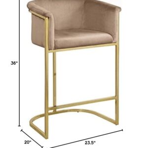 Meridian Furniture Donatella Collection Modern | Contemporary Velvet Upholstered Counter Height Stool with Durable Steel Base in Gold Finish, Beige, 23.5" W x 20" D x 36" H