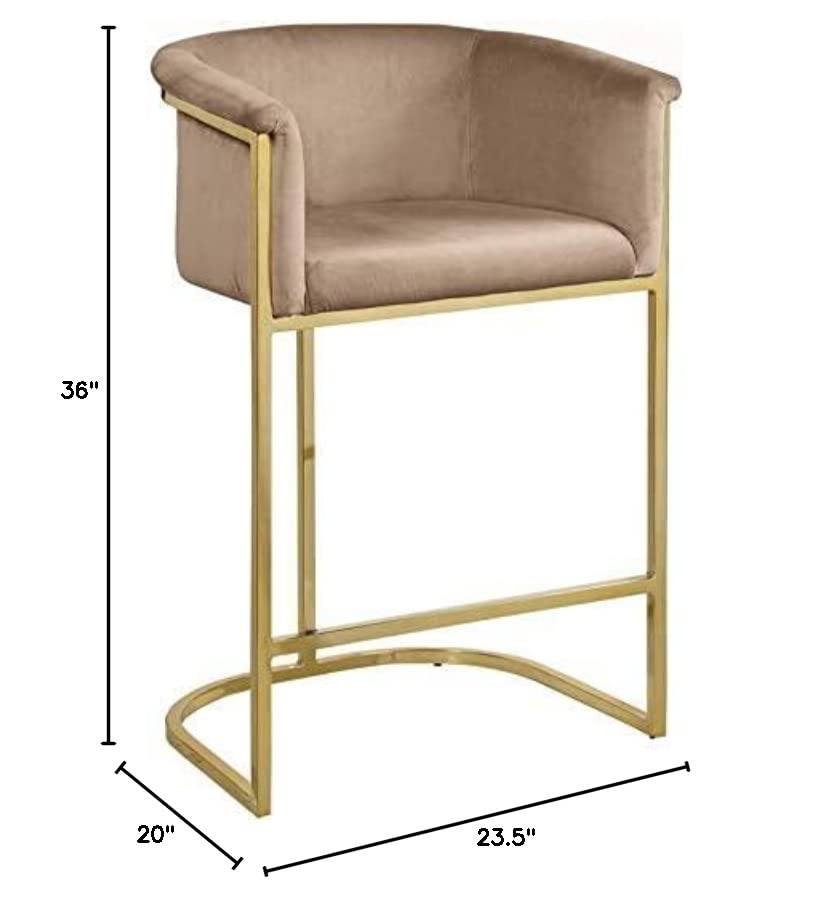 Meridian Furniture Donatella Collection Modern | Contemporary Velvet Upholstered Counter Height Stool with Durable Steel Base in Gold Finish, Beige, 23.5" W x 20" D x 36" H