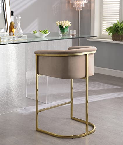 Meridian Furniture Donatella Collection Modern | Contemporary Velvet Upholstered Counter Height Stool with Durable Steel Base in Gold Finish, Beige, 23.5" W x 20" D x 36" H