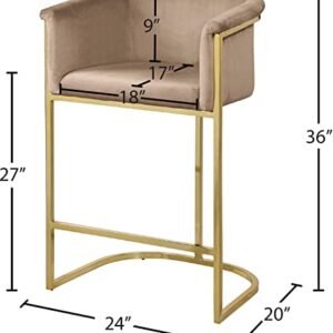 Meridian Furniture Donatella Collection Modern | Contemporary Velvet Upholstered Counter Height Stool with Durable Steel Base in Gold Finish, Beige, 23.5" W x 20" D x 36" H