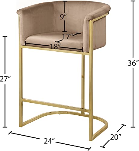 Meridian Furniture Donatella Collection Modern | Contemporary Velvet Upholstered Counter Height Stool with Durable Steel Base in Gold Finish, Beige, 23.5" W x 20" D x 36" H