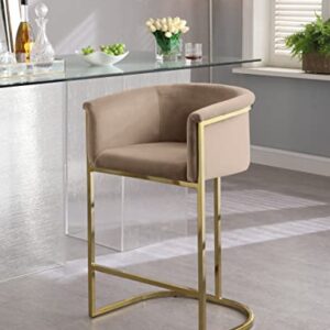 Meridian Furniture Donatella Collection Modern | Contemporary Velvet Upholstered Counter Height Stool with Durable Steel Base in Gold Finish, Beige, 23.5" W x 20" D x 36" H