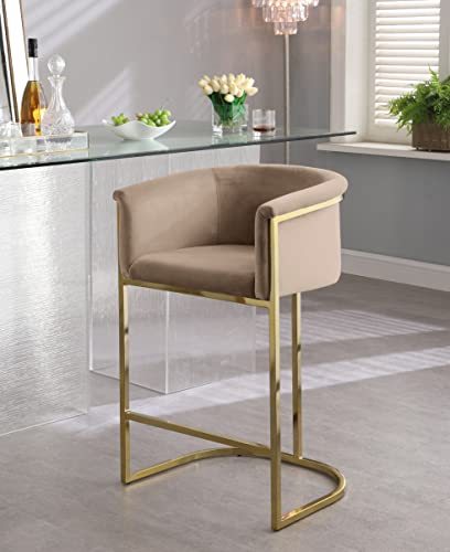 Meridian Furniture Donatella Collection Modern | Contemporary Velvet Upholstered Counter Height Stool with Durable Steel Base in Gold Finish, Beige, 23.5" W x 20" D x 36" H