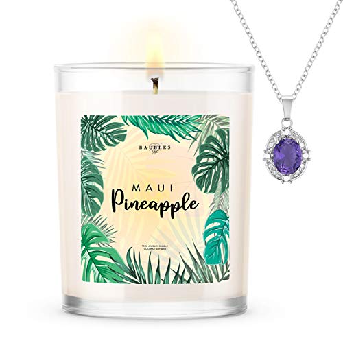 Kate Bissett Baubles Maui Pineapple Scented Premium Candle and Jewelry with Surprise Pendant Inside | 10 oz Large Candle | Made in USA | Parrafin Free