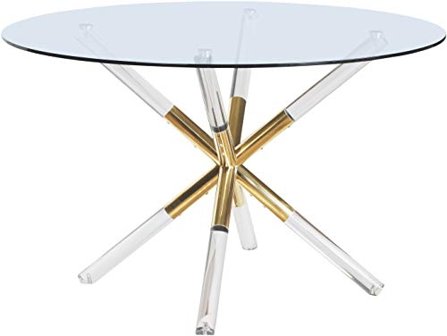 Meridian Furniture Mercury Collection Modern | Contemporary Tempered Glass Top Dining Table with Acrylic and Gold Durable Metal Base, Round