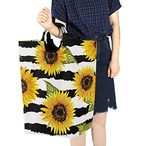 Large Sunflower Flora Stripe Laundry Bag Foldable Laundry Basket Collapsible Laundry Hamper Durable Storage Bin for College Dorm Bedroon Bathroom and Travel