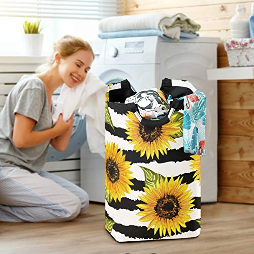 Large Sunflower Flora Stripe Laundry Bag Foldable Laundry Basket Collapsible Laundry Hamper Durable Storage Bin for College Dorm Bedroon Bathroom and Travel