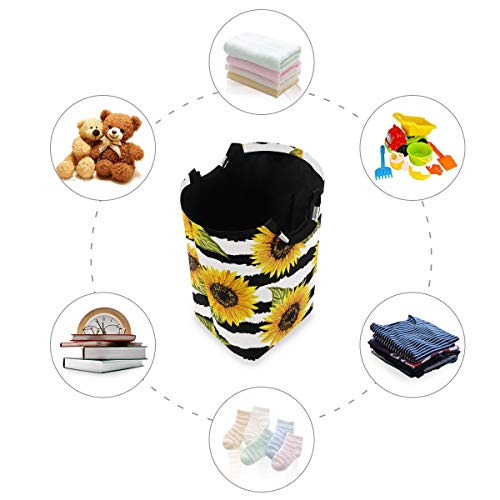 Large Sunflower Flora Stripe Laundry Bag Foldable Laundry Basket Collapsible Laundry Hamper Durable Storage Bin for College Dorm Bedroon Bathroom and Travel