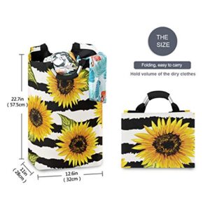 Large Sunflower Flora Stripe Laundry Bag Foldable Laundry Basket Collapsible Laundry Hamper Durable Storage Bin for College Dorm Bedroon Bathroom and Travel