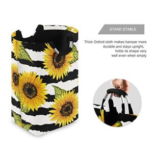 Large Sunflower Flora Stripe Laundry Bag Foldable Laundry Basket Collapsible Laundry Hamper Durable Storage Bin for College Dorm Bedroon Bathroom and Travel