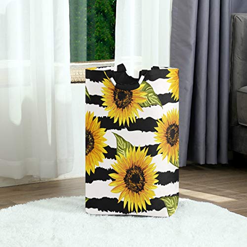 Large Sunflower Flora Stripe Laundry Bag Foldable Laundry Basket Collapsible Laundry Hamper Durable Storage Bin for College Dorm Bedroon Bathroom and Travel